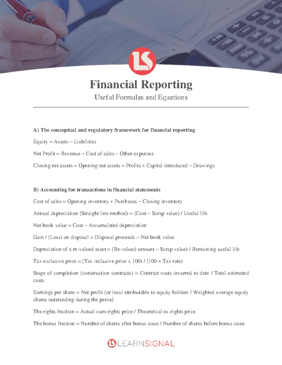 FR - Key Formulas and Equations for Financial Reporting - Studocu
