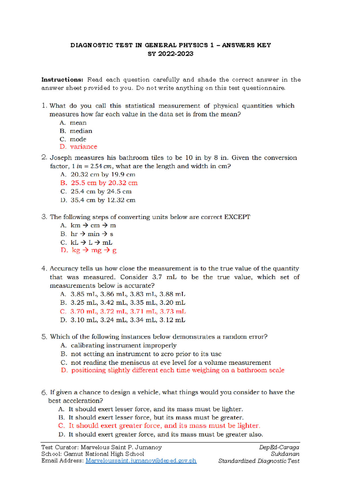 Diagnostic Test in General Physics 1 – Answers Key (SY 2022) - Studocu