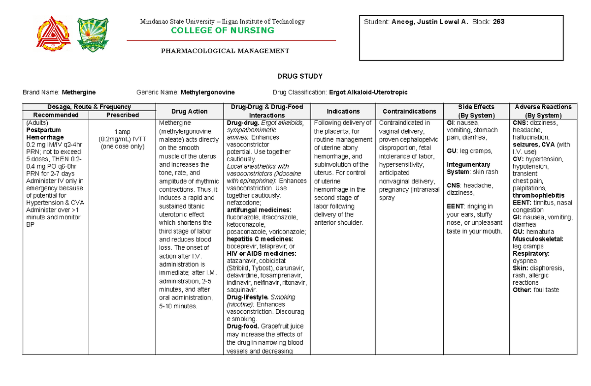 Ob-drug-study-methylergonovine compress - DRUG STUDY Brand Name ...