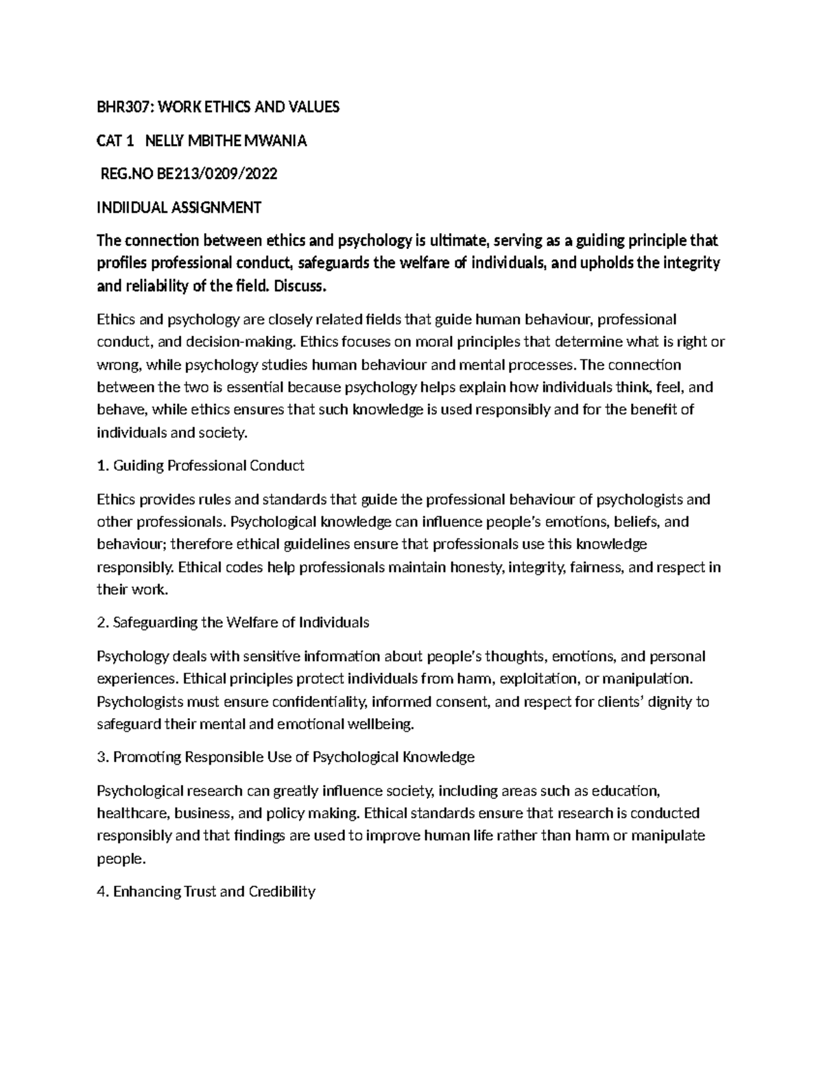 BHR307: Ethics and Psychology - CAT 1 Individual Assignment Notes - Studocu
