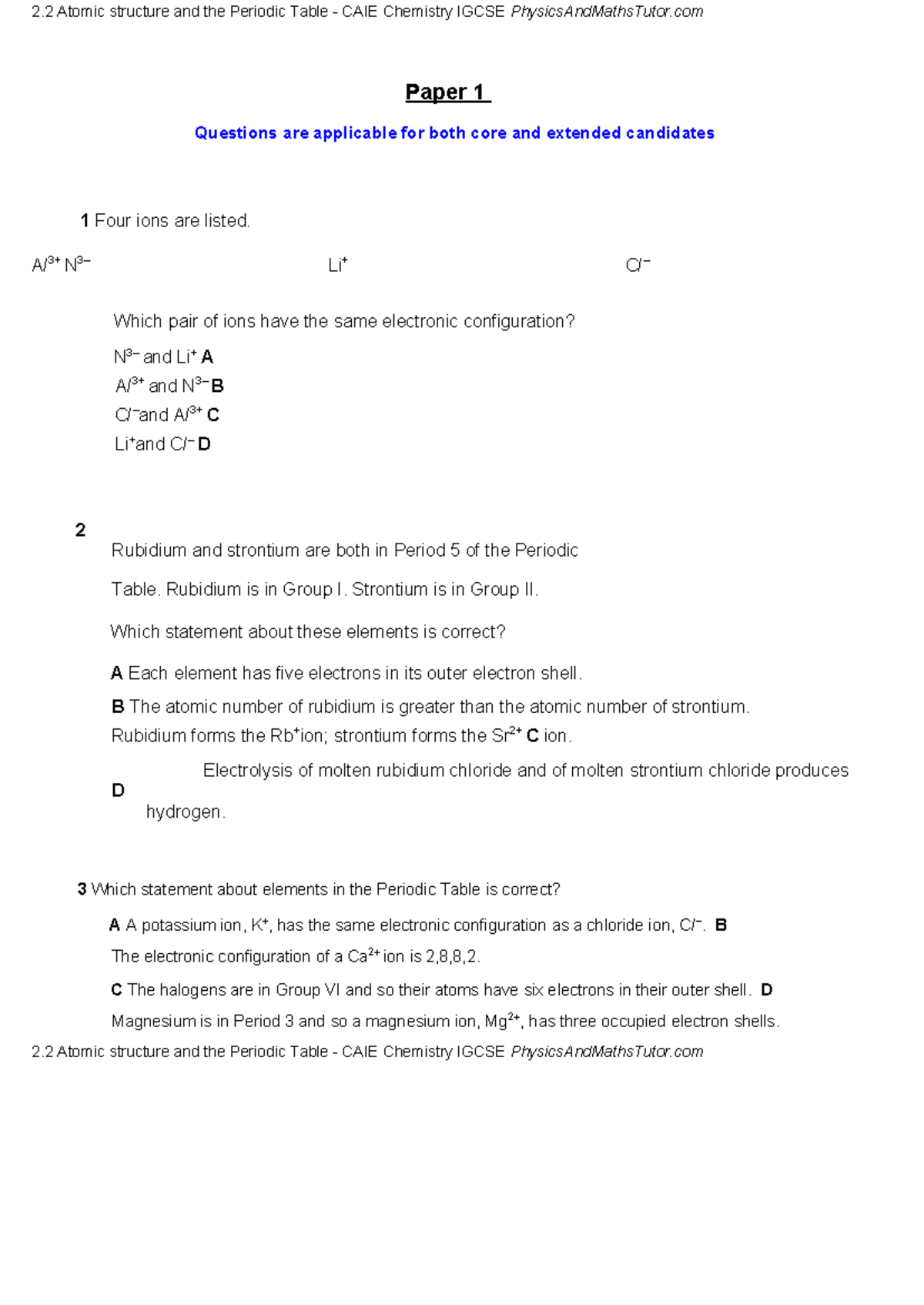 2.2 Atomic Structure and the Periodic Table MCQ Questions CAIE IGCSE ...