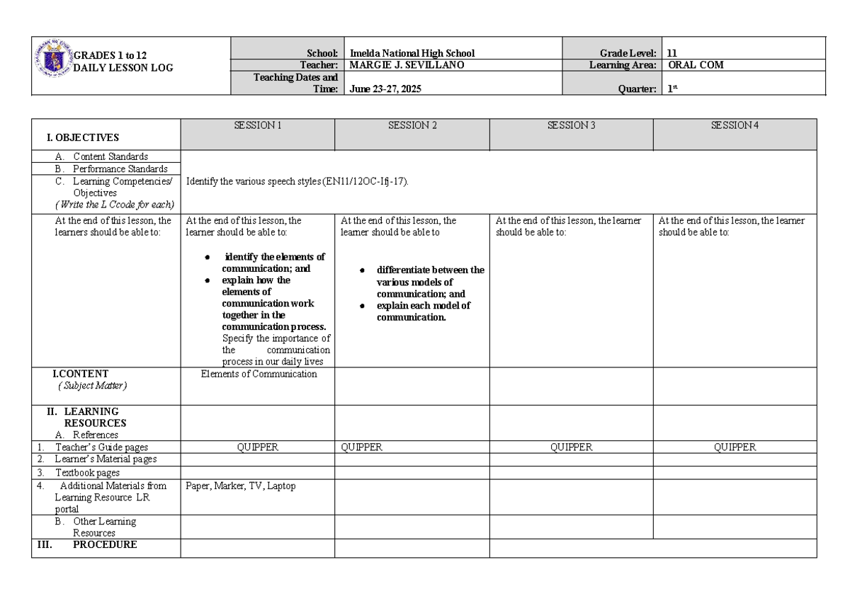 OC 1st Week - Daily Lesson Log for Grades 1 to 12 Communication - Studocu