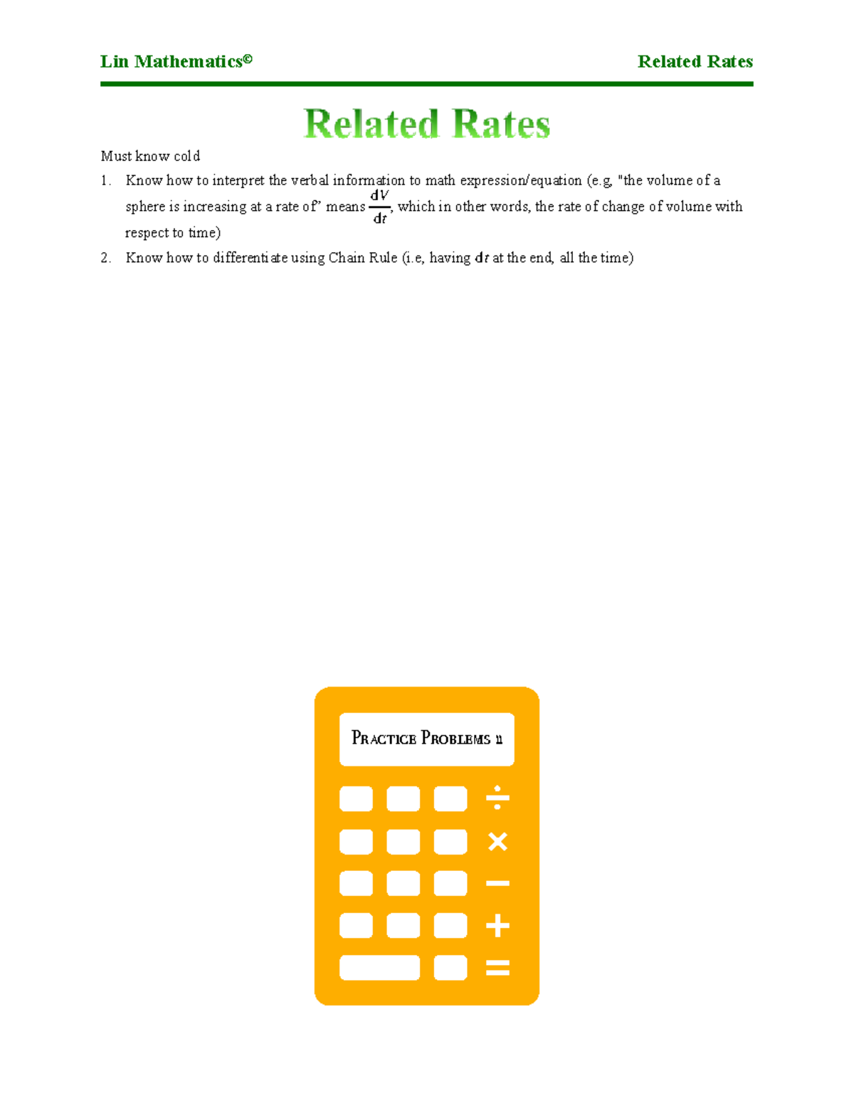 Related Rates Worksheet for Math 101: Key Concepts & Practice Problems ...