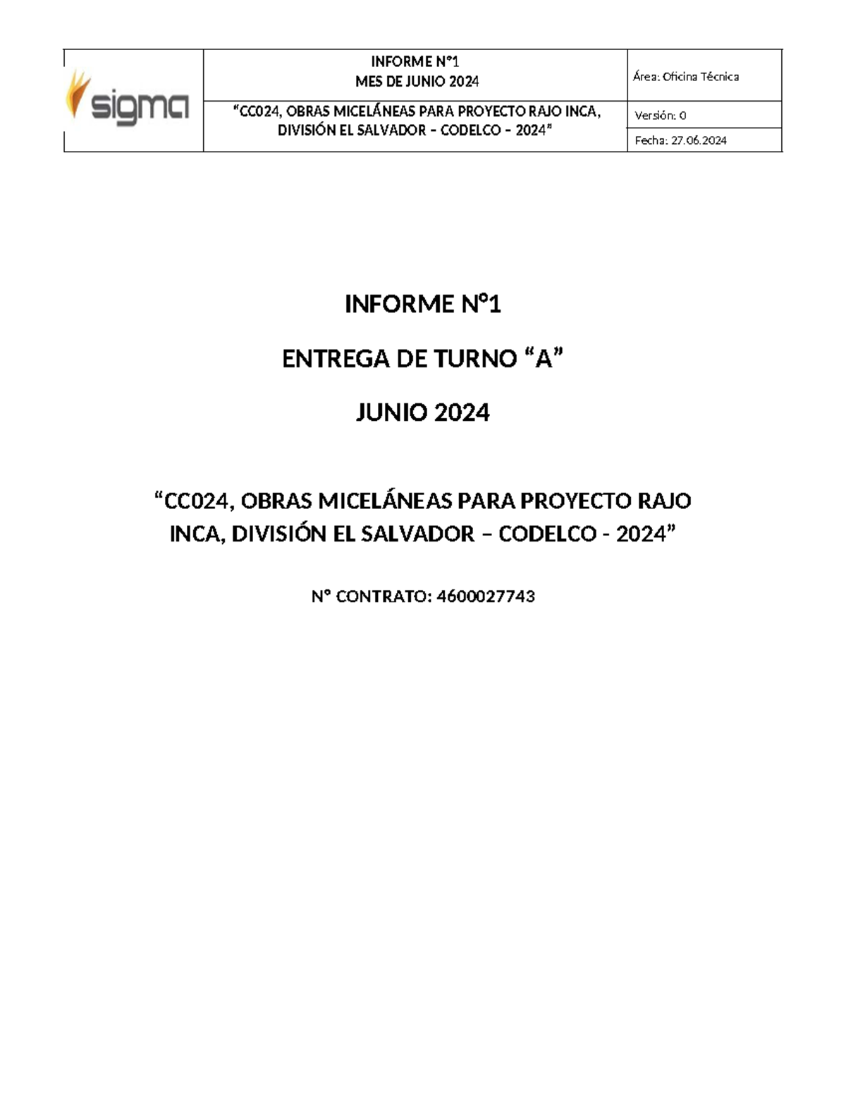Informe de Avance Junio 2024 - Proyecto Rajo Inca, Codelco - Studocu