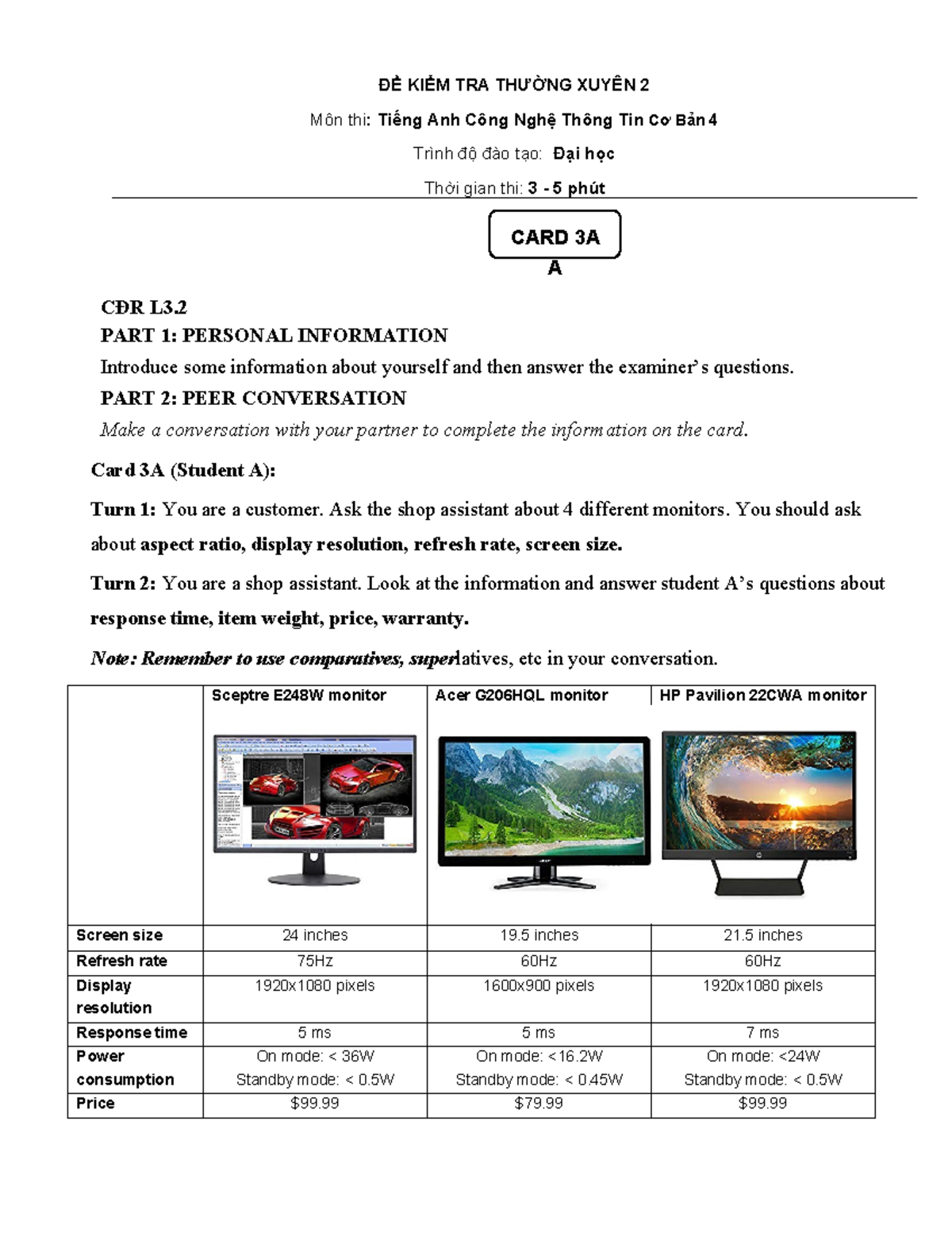 ĐỀ KIỂM TRA THƯỜNG XUYÊN 2: Speaking Card 3A & 3B - Tiếng Anh CNTT Cơ ...