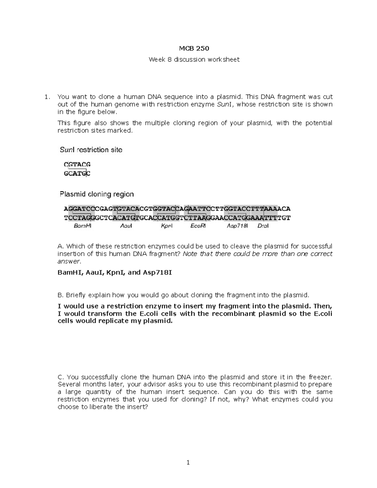 Mcb 250 Week 8 discussion worksheet on cloning human DNA sequences ...