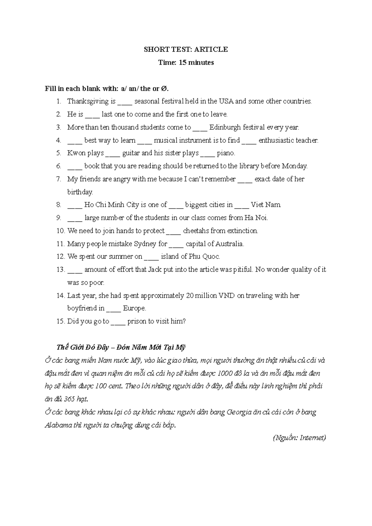 SHORT TEST: ARTICLE (15 min) - Fill in the Blanks with Articles - Studocu