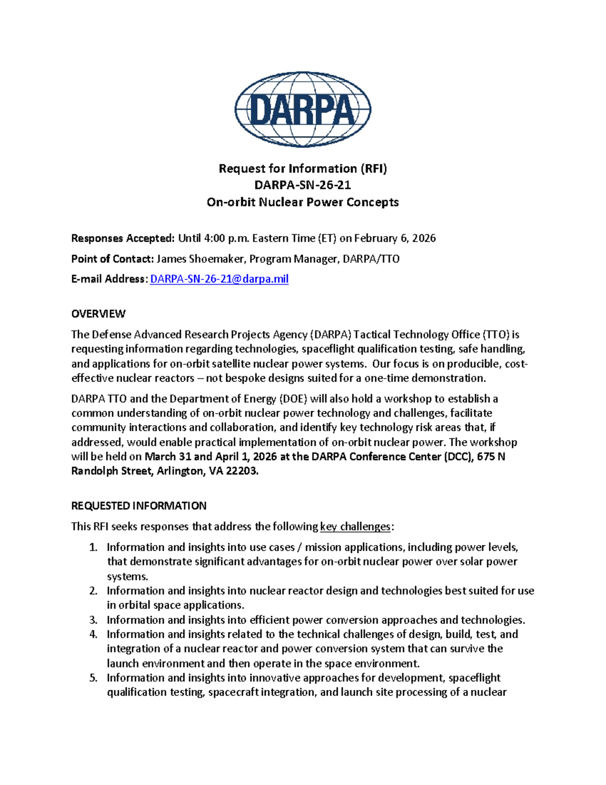 DARPA SN 26 21: RFI on Nuclear Power Systems for Space Applications ...