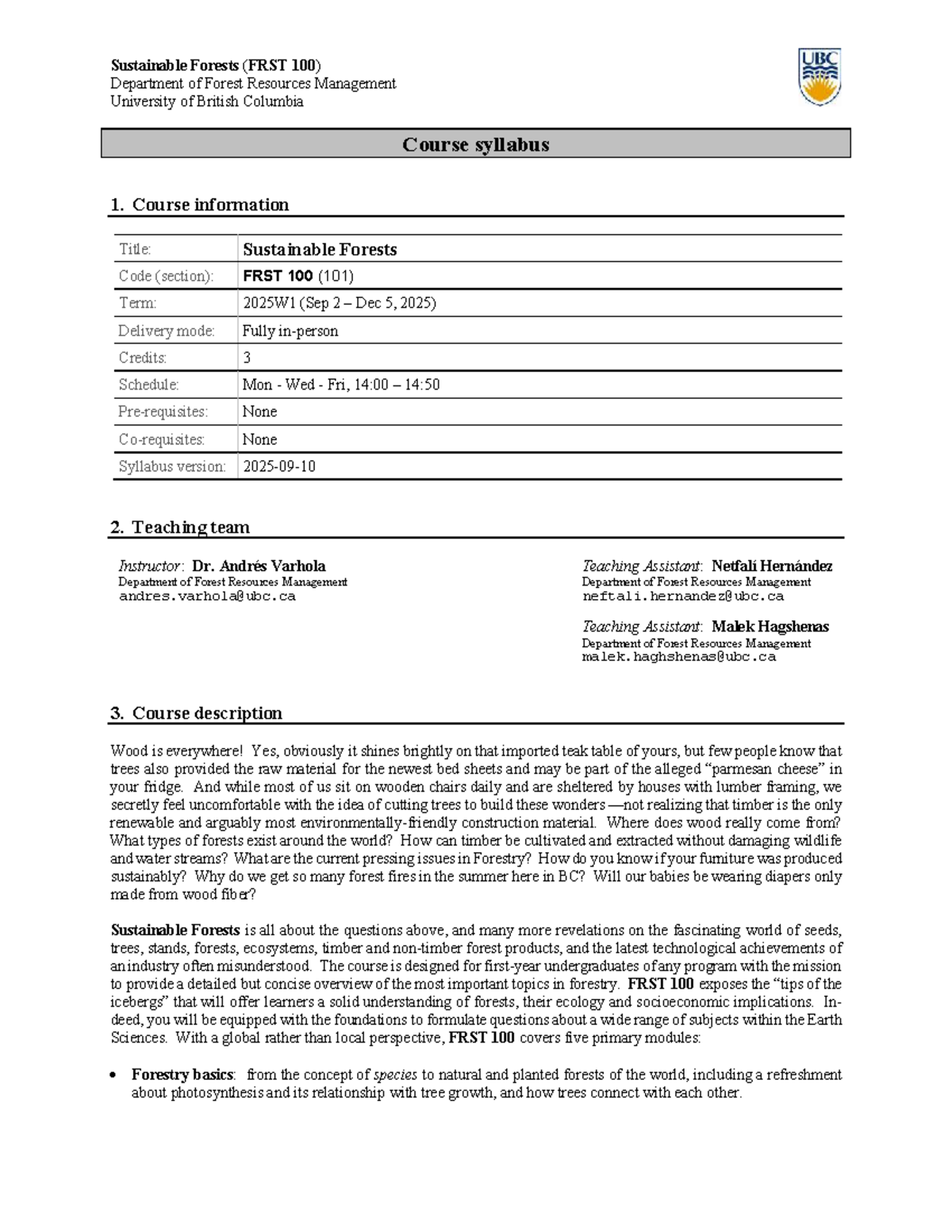 Sustainable Forests Syllabus (FRST 100) - 2025W1 Course Overview - Studocu