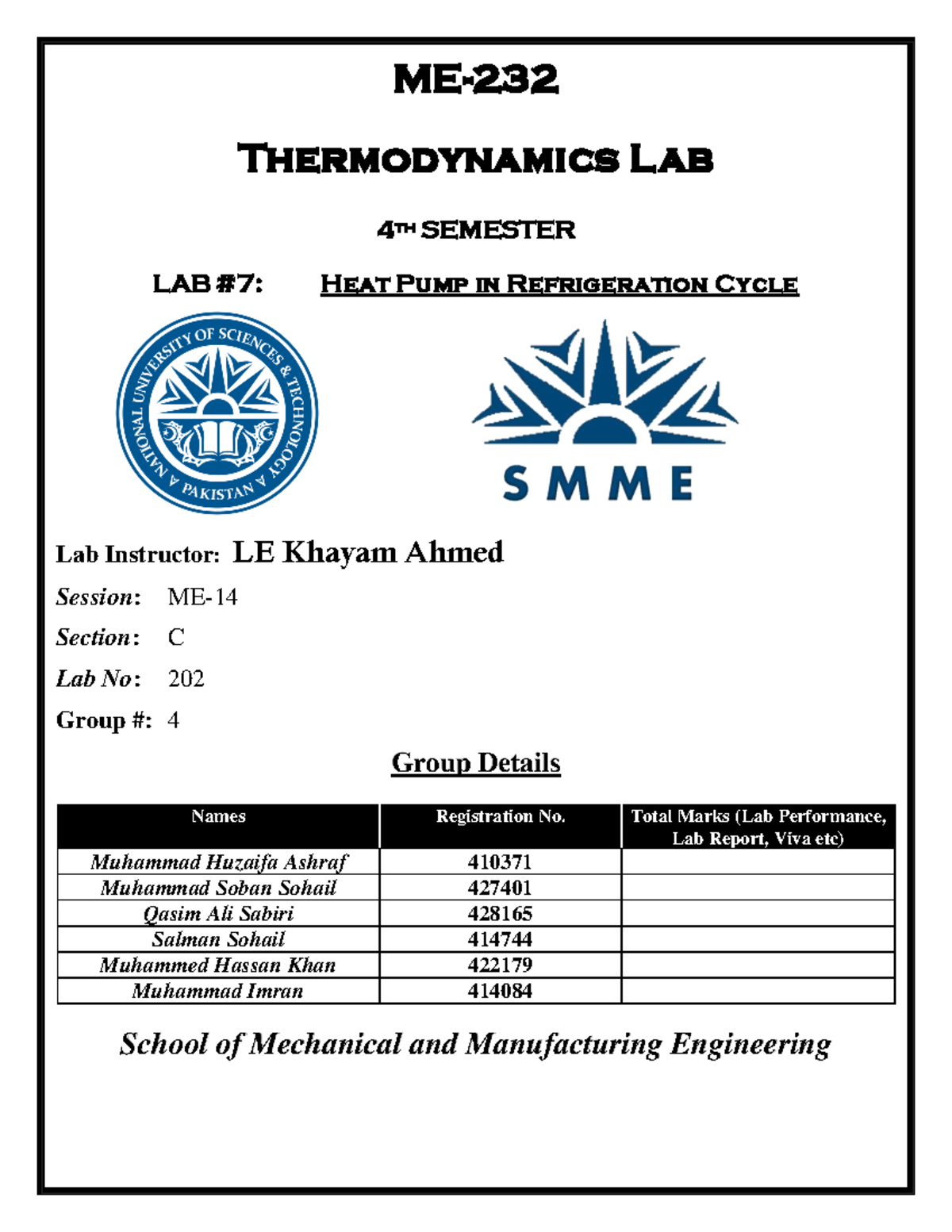 Heat Pump Lab Report for ME-232 Thermodynamics: Performance Analysis ...