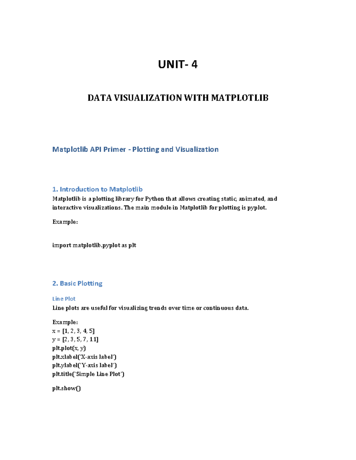 Unit 4 - Data Visualization with Matplotlib and Seaborn Notes - Studocu