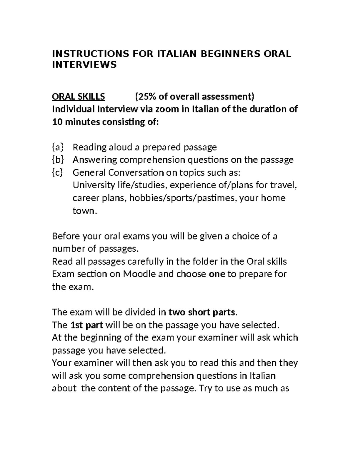 Italian Beginners Oral Interview Instructions (Course Code: 3) - Studocu