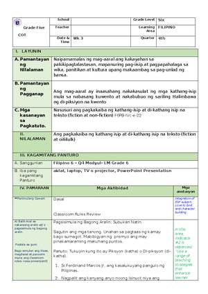 DLL Matatag Filipino 4 Q1 W1 - I. NILALAMAN NG KURIKULUM, PAMANTAYAN, AT MGA KASANAYAN SA ARALIN ...