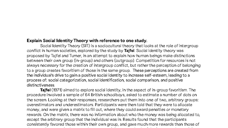Social Identity Theory Explained: Tajfel's 1971 Study Analysis - Studocu