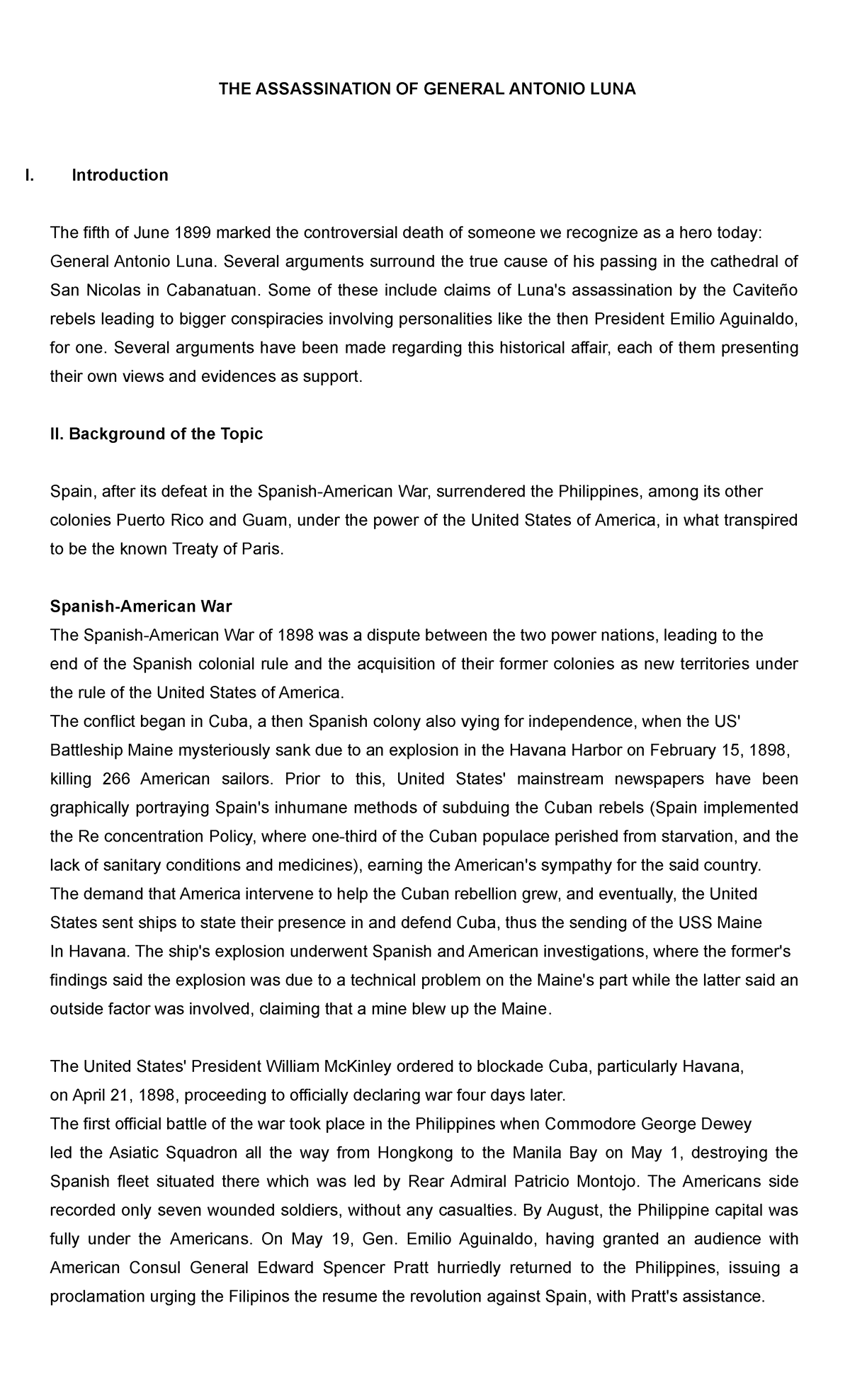 Analysis Paper on the Assassination of General Antonio Luna (HIST 101 ...