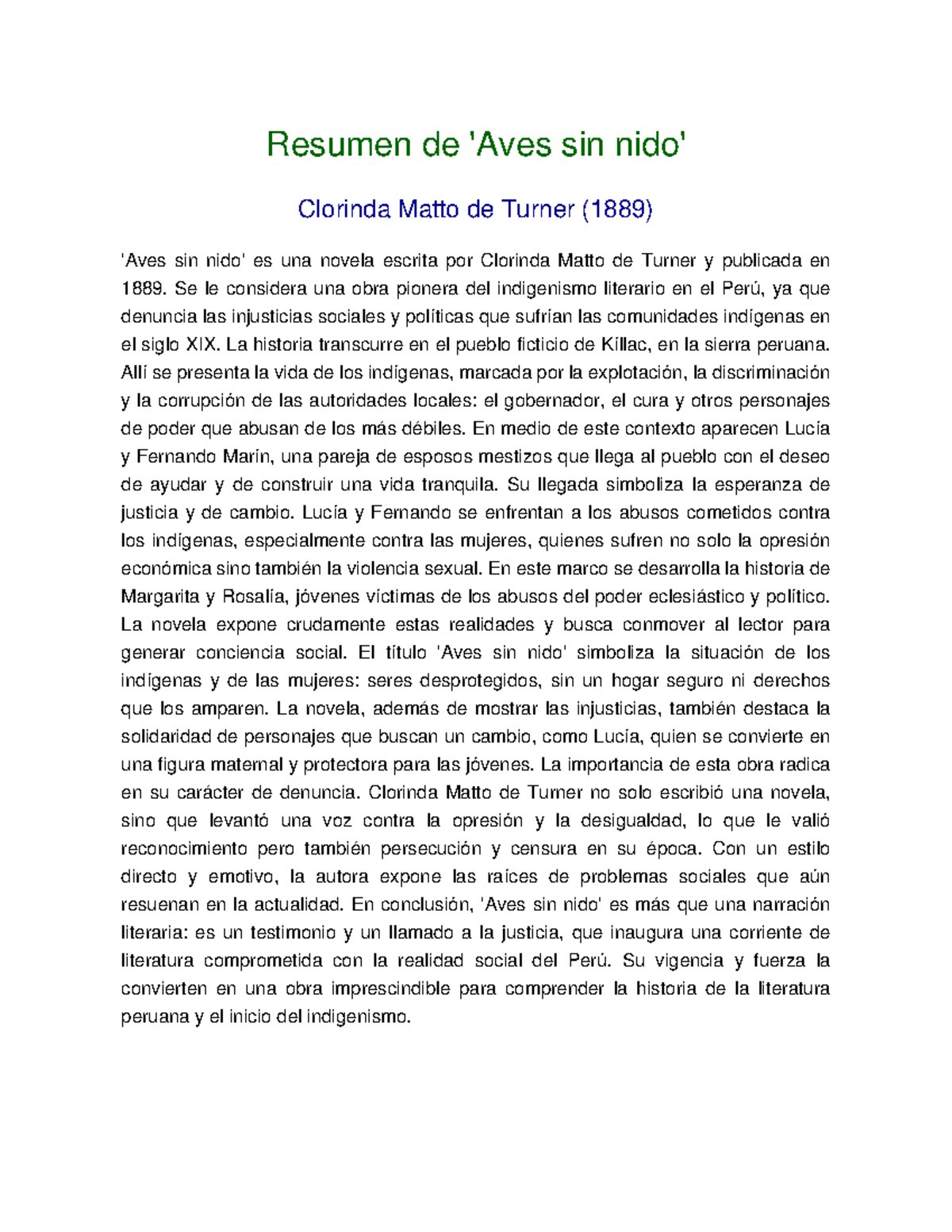 Resumen de "Aves sin nido" de Clorinda Matto de Turner (1889) - Studocu