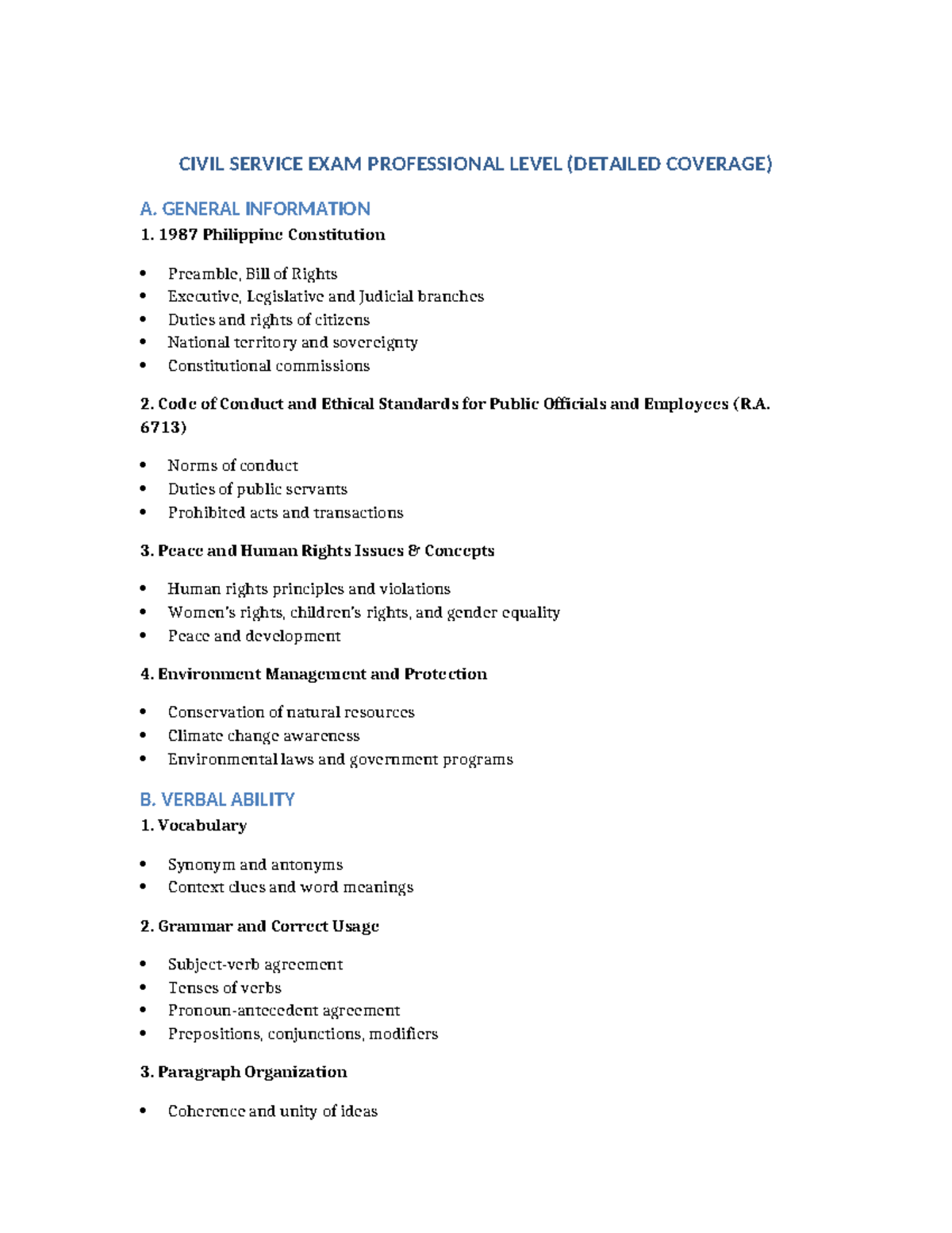 CIVIL SERVICE EXAM PROFESSIONAL LEVEL: DETAILED COVERAGE - Studocu