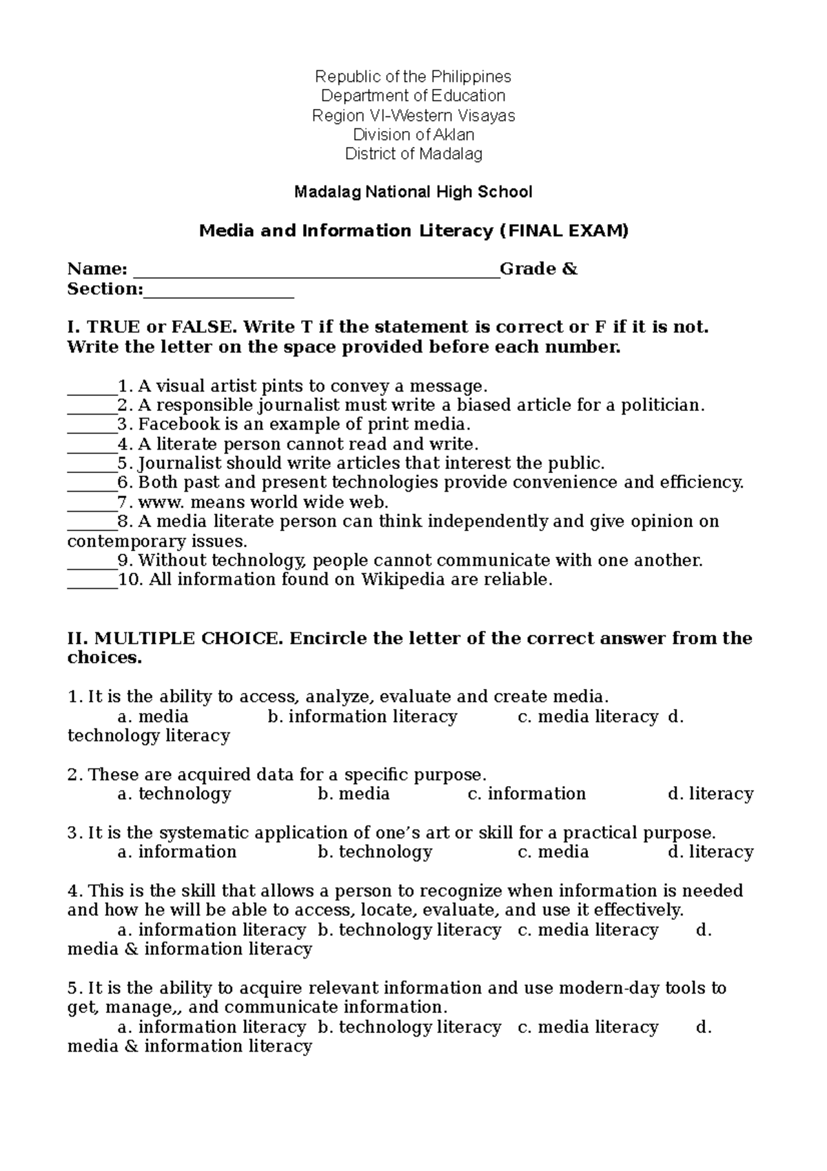 MIL Final Exam - Media and Information Literacy Assessment - Studocu