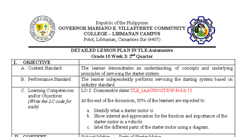 Detailed Lesson Plan in TLE 10: Servicing Starter System - Studocu