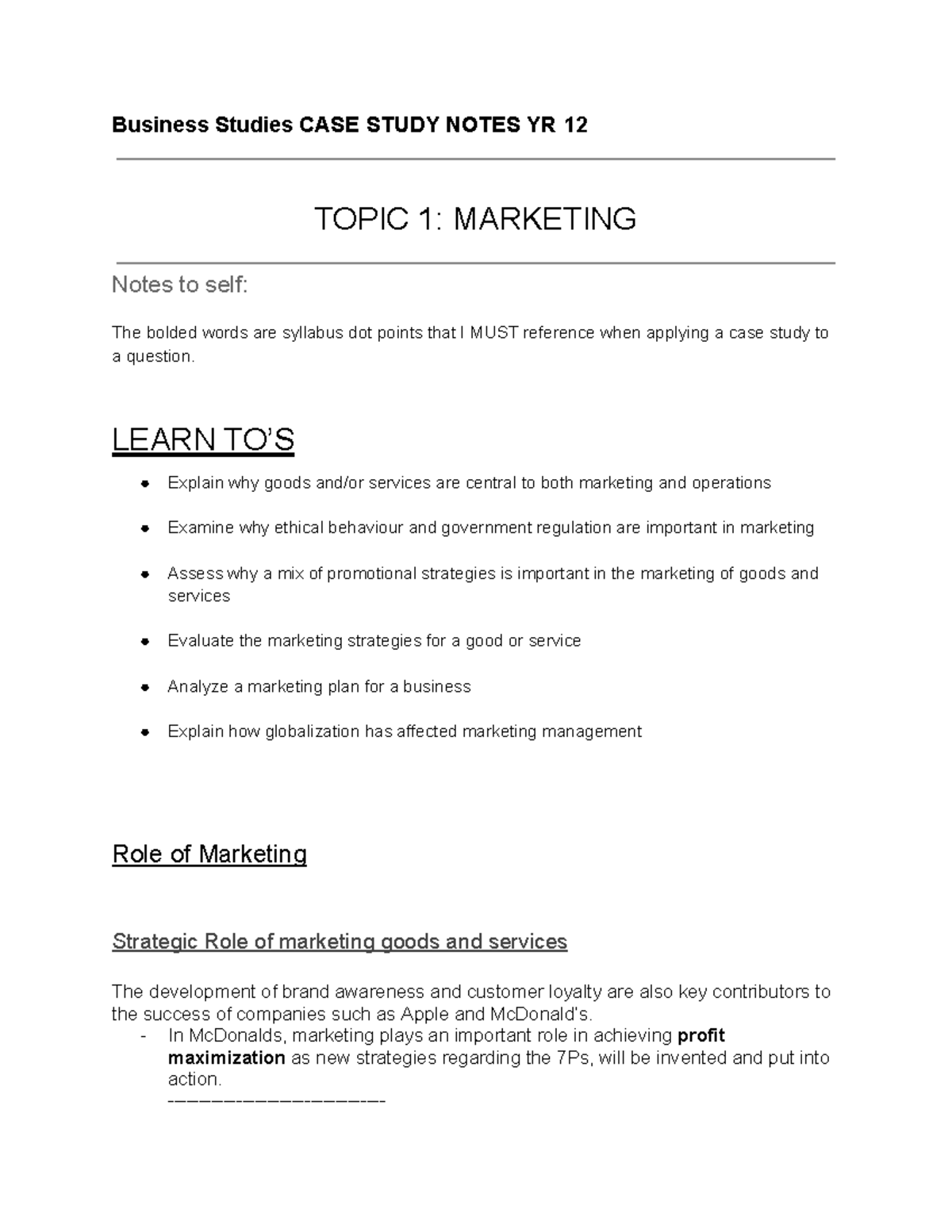 Business Studies Case Study Notes HSC - Business Studies CASE STUDY ...