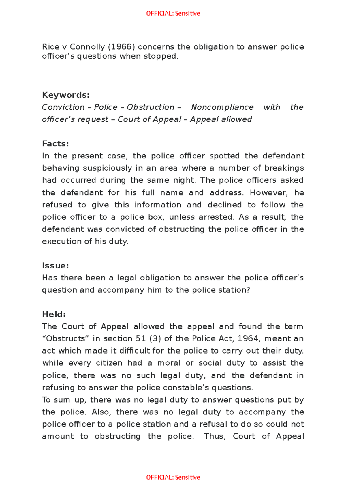 Rice v Connolly (1966) - Police Duty to Answer Questions Notes - Studocu
