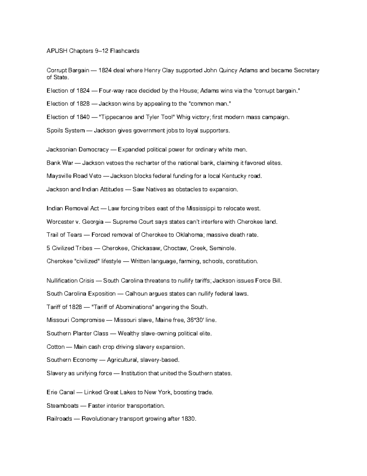 APUSH Flashcards: Key Concepts from Chapters on Jacksonian Era - Studocu