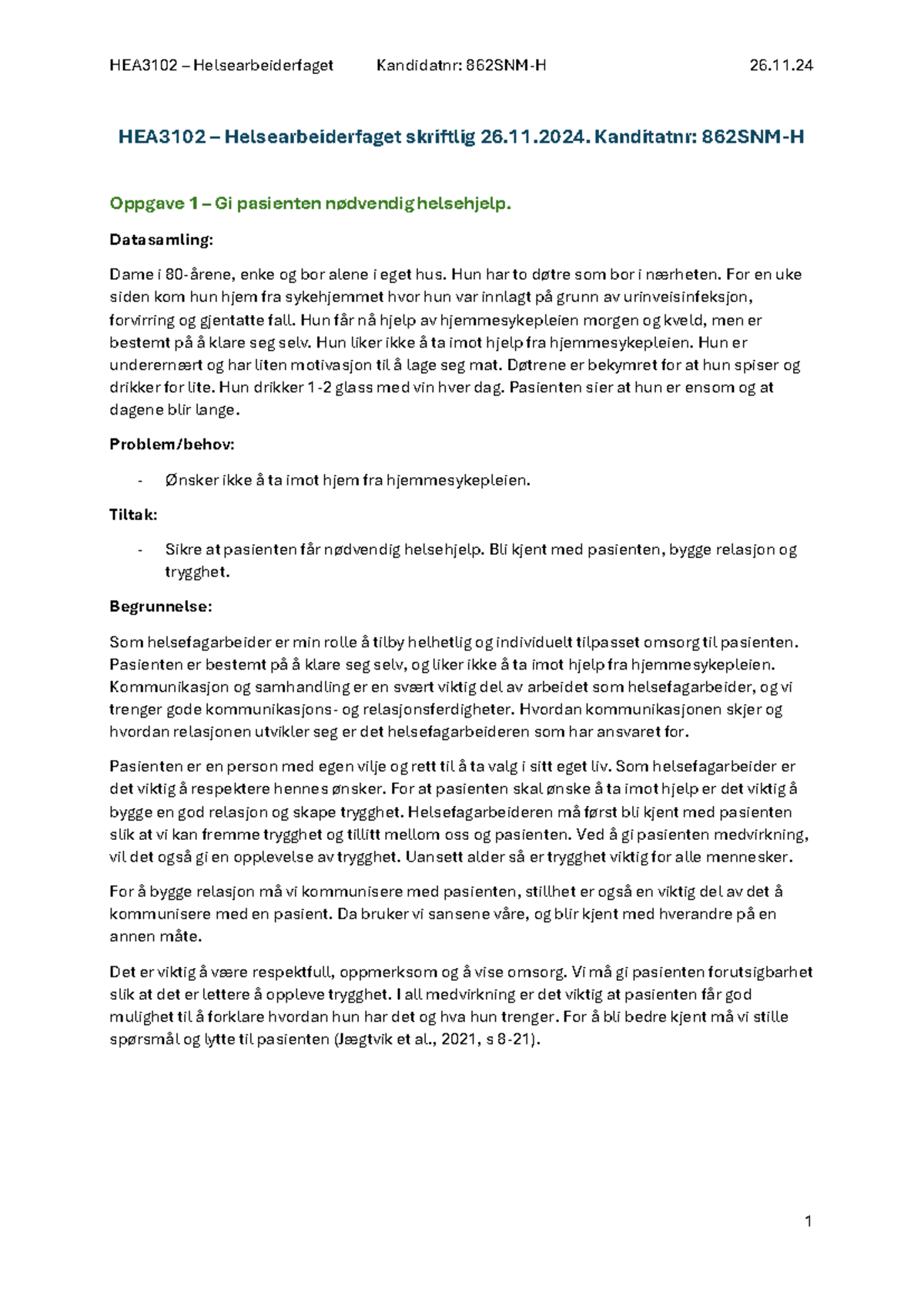 HEA3102 Helsearbeiderfaget: Pasientomsorg og Tiltaksplan - Studocu