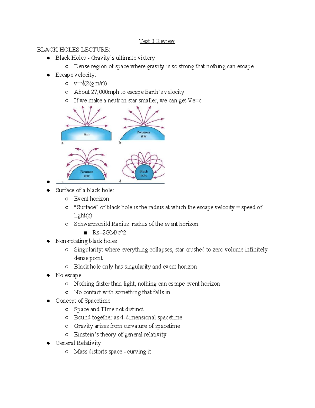 Test 3 Review sheet - Test 3 Review BLACK HOLES LECTURE: Black Holes ...