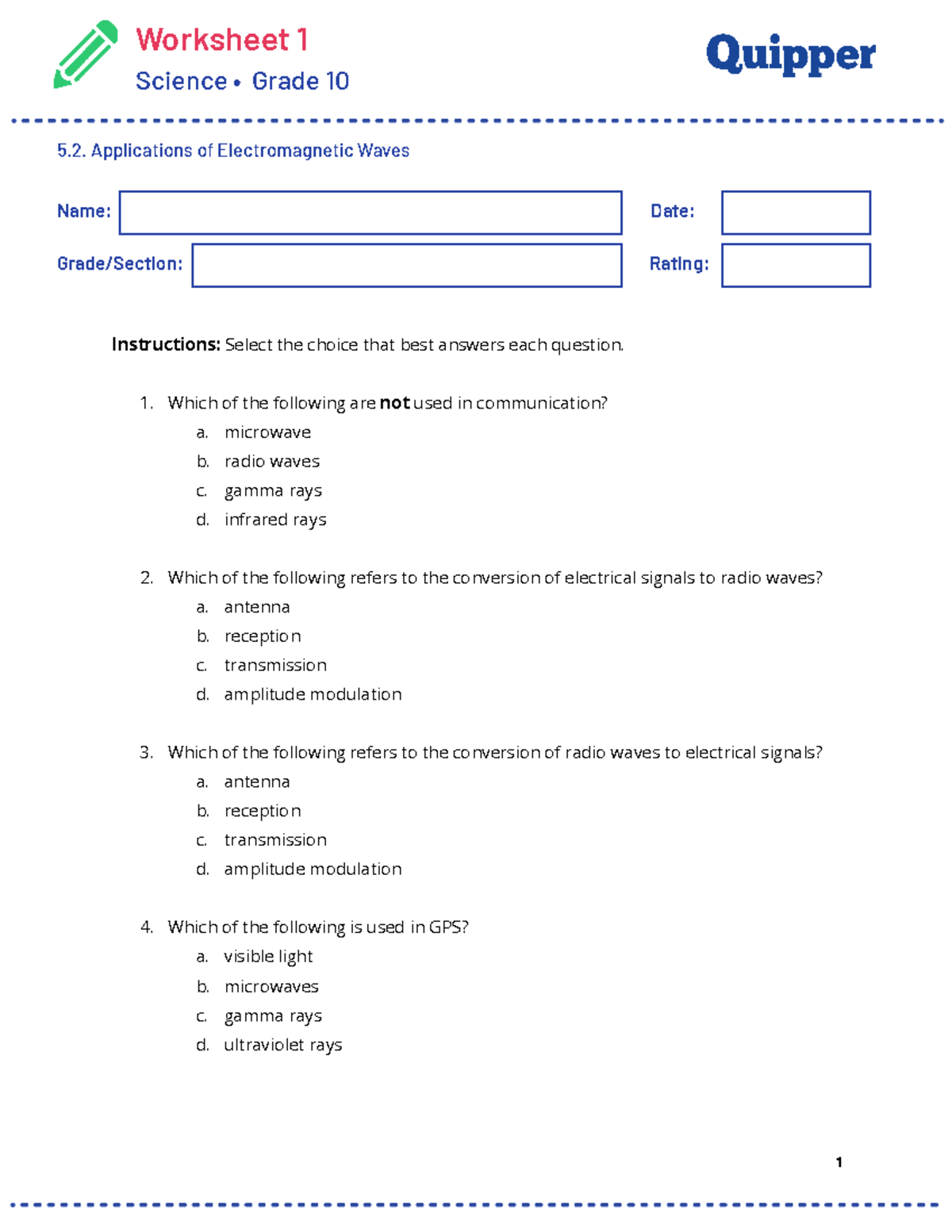APPL. OF EM WAVES - Worksheet 1 Science • Grade 10 5. Applications of ...