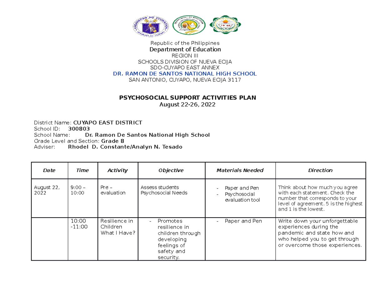 PSAP-Grade 8 - Psychosocial Support Activities Plan (Aug 22-26, 2022 ...