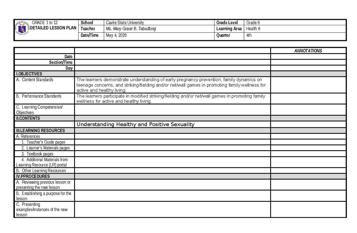 Detailed Lesson Plan for Grade 6 Health (4th Quarter) - Studocu