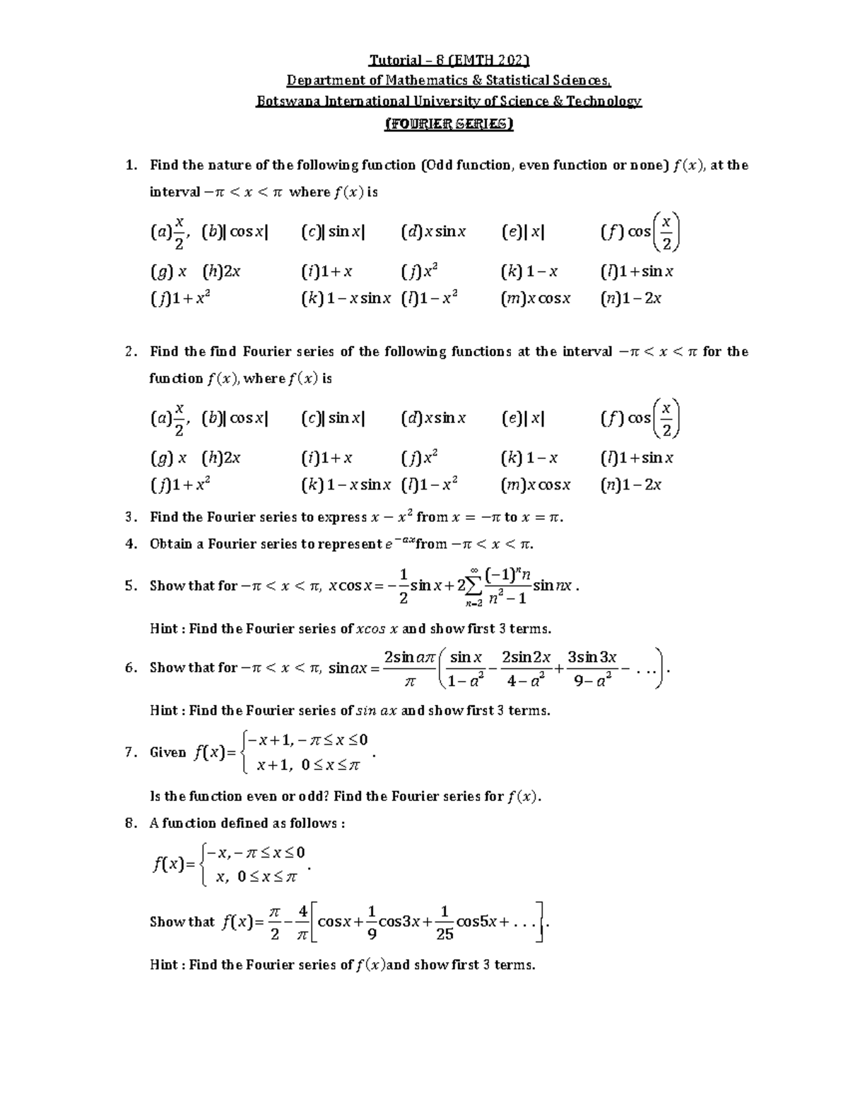 EMTH 202 Tutorial 8 - Fourier Series Revision Notes - Studocu