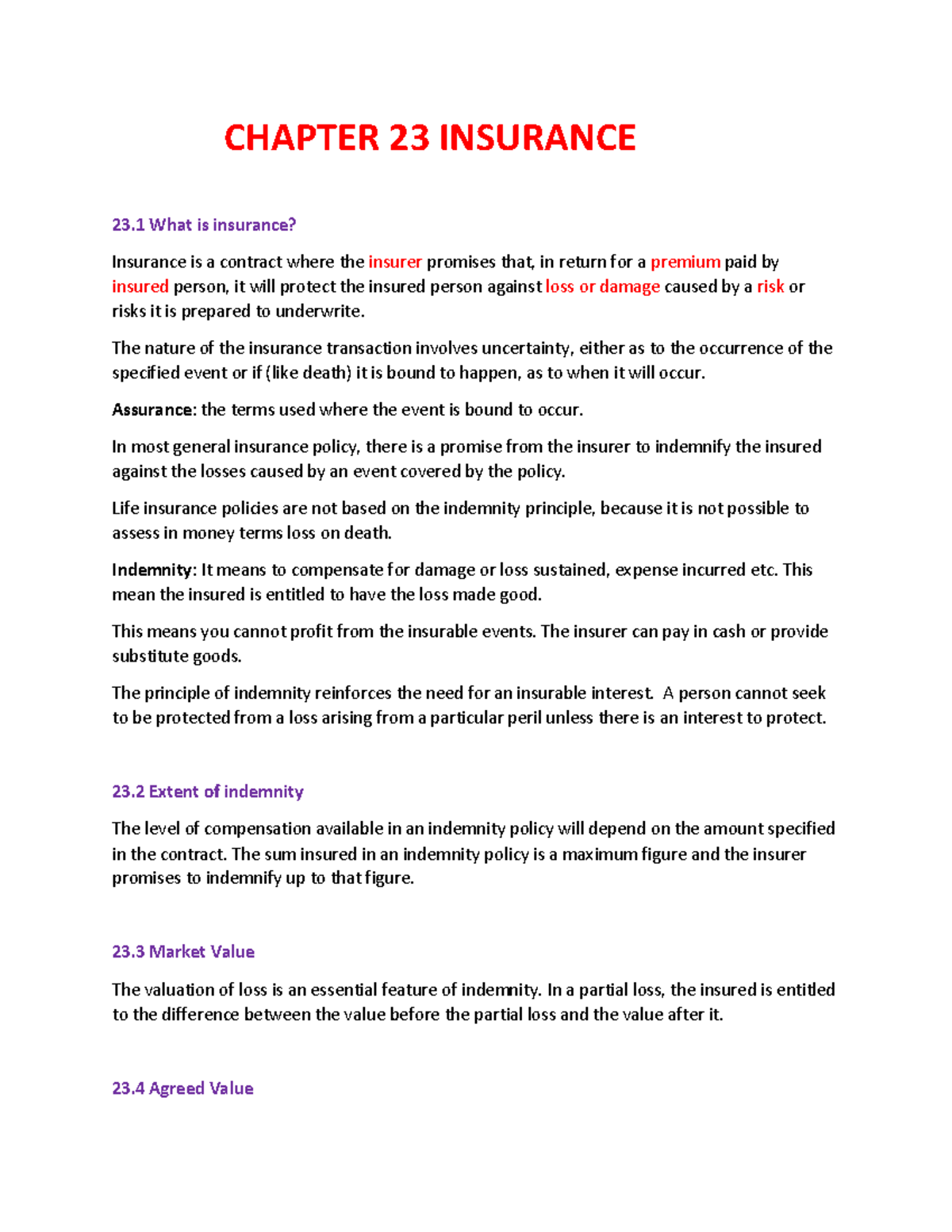 Insurance - Lecture notes 6-7 - CHAPTER 23 INSURANCE 23 What is ...