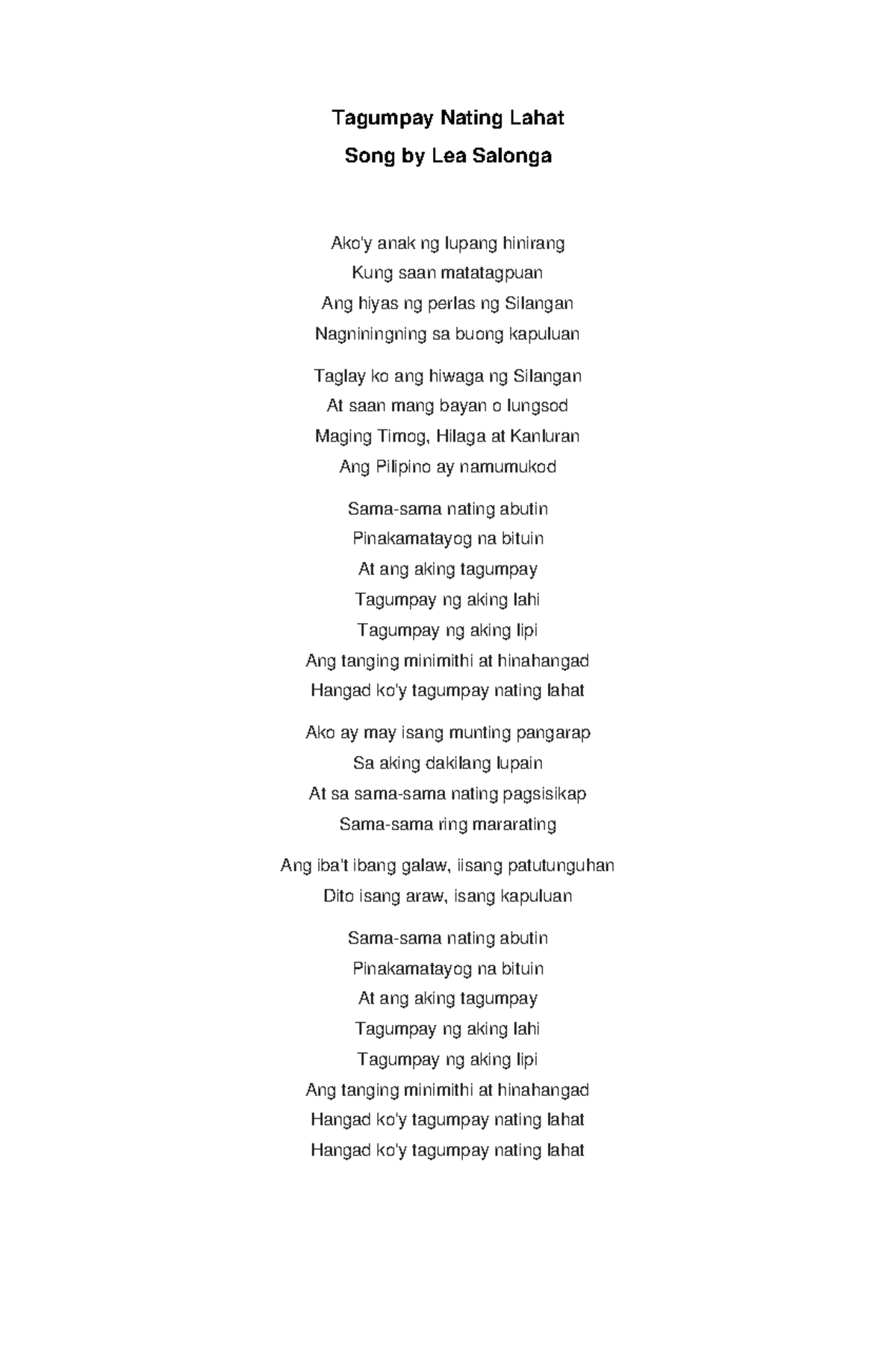 Tagumpay Nating Lahat: Song Analysis and Interpretation - Studocu
