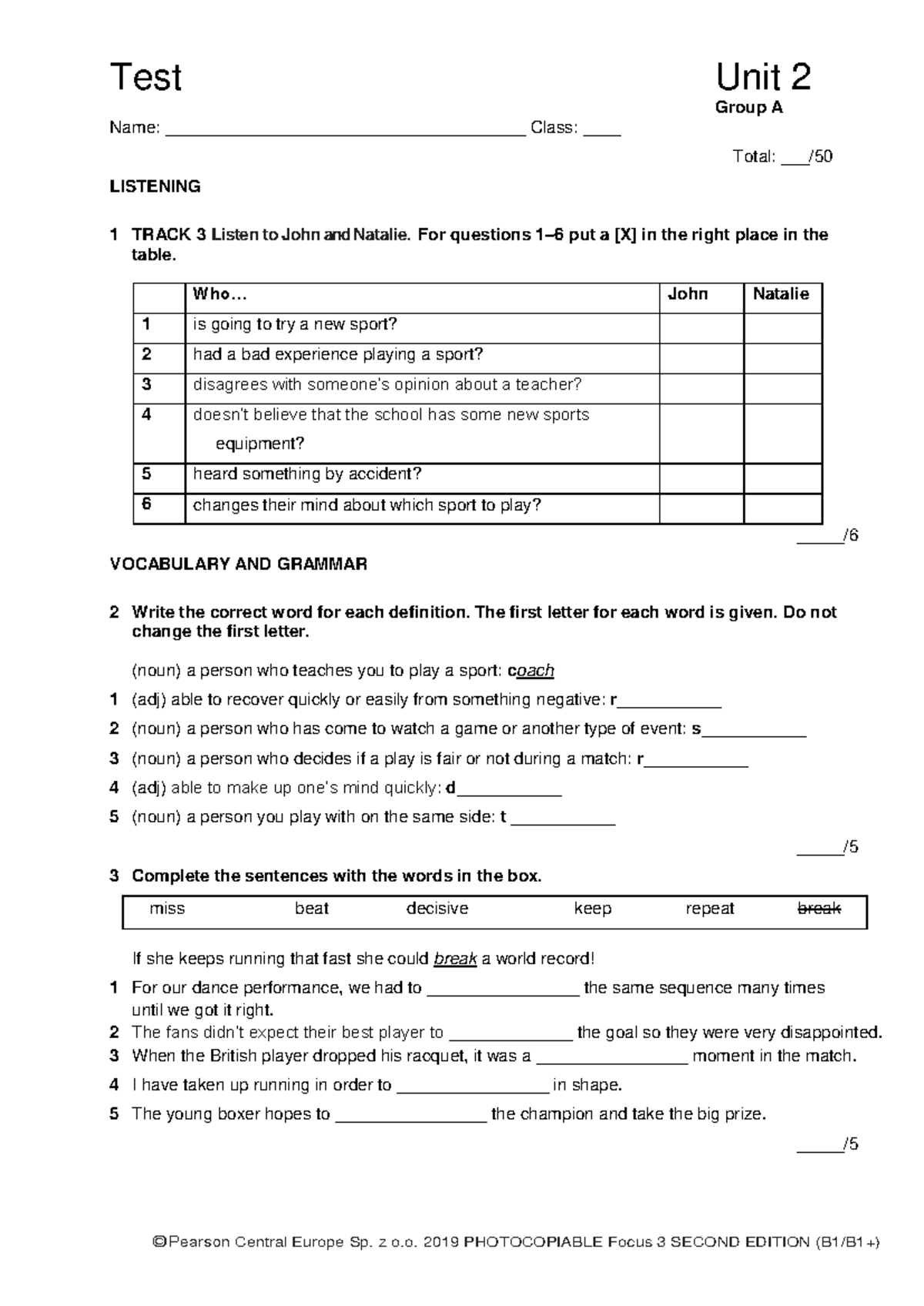 Focus 3 2E Test Unit 2 Listening & Vocabulary Exam Group A - Studocu