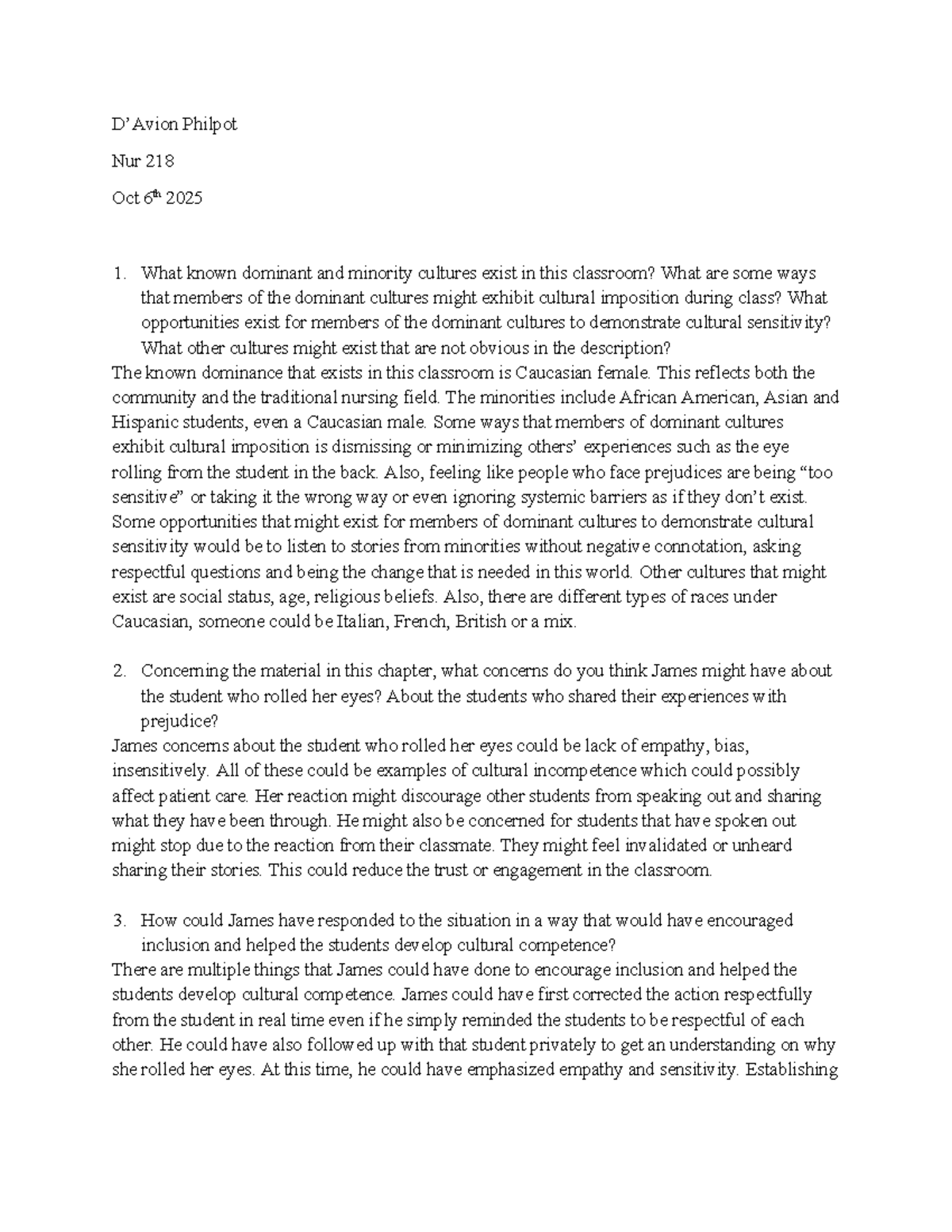 Philpot Nur 218 Module 4 Case Study: Cultural Sensitivity in Classrooms ...