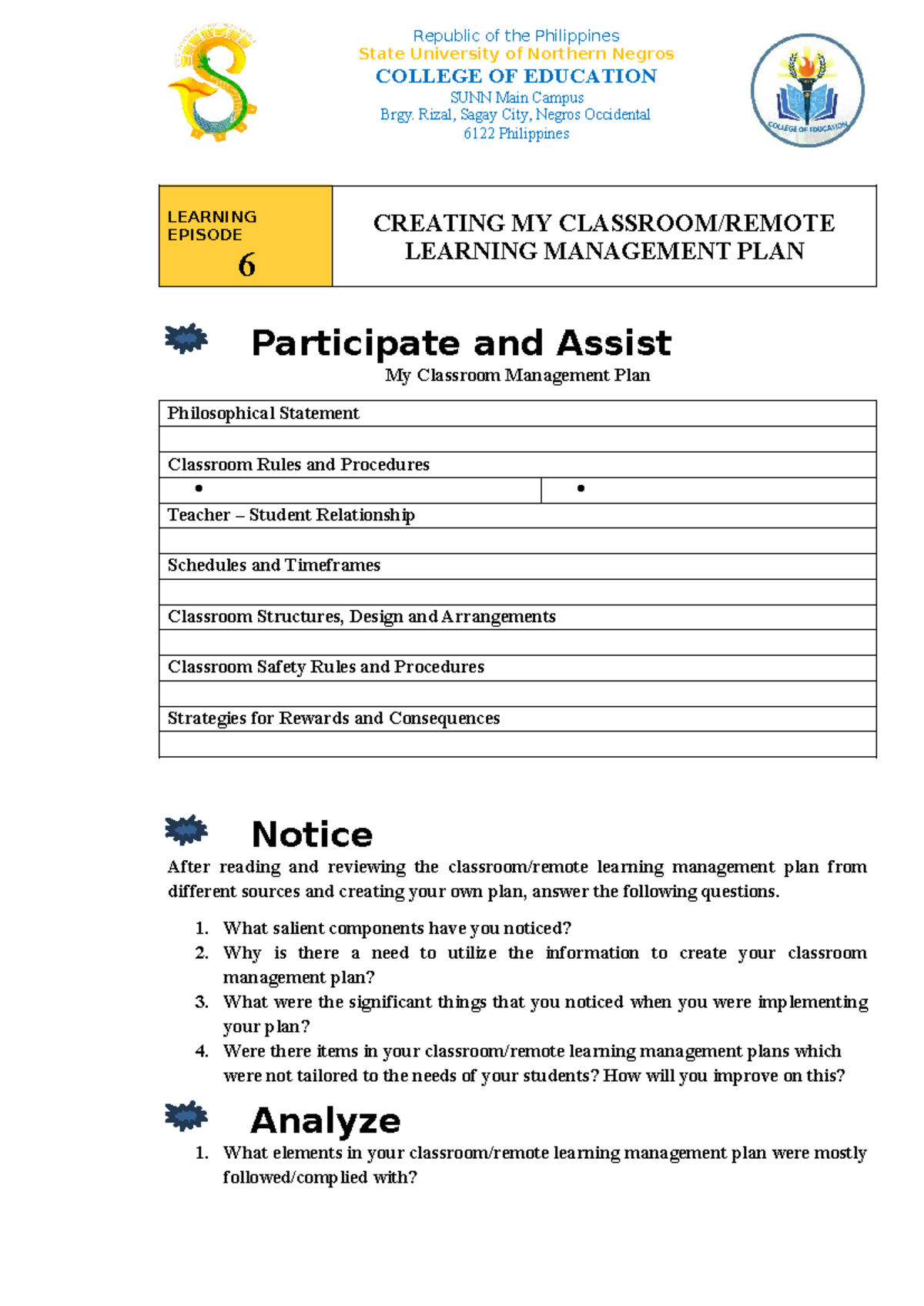 FS 2 EP 6 A - Classroom Management Plan and Reflection Guide - Studocu