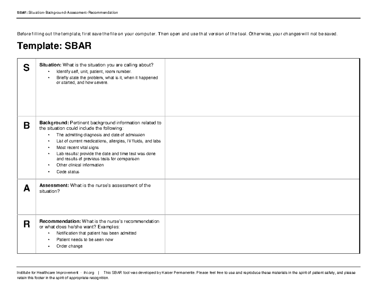 SBAR Communication Template for Patient Safety - IHI - Studocu