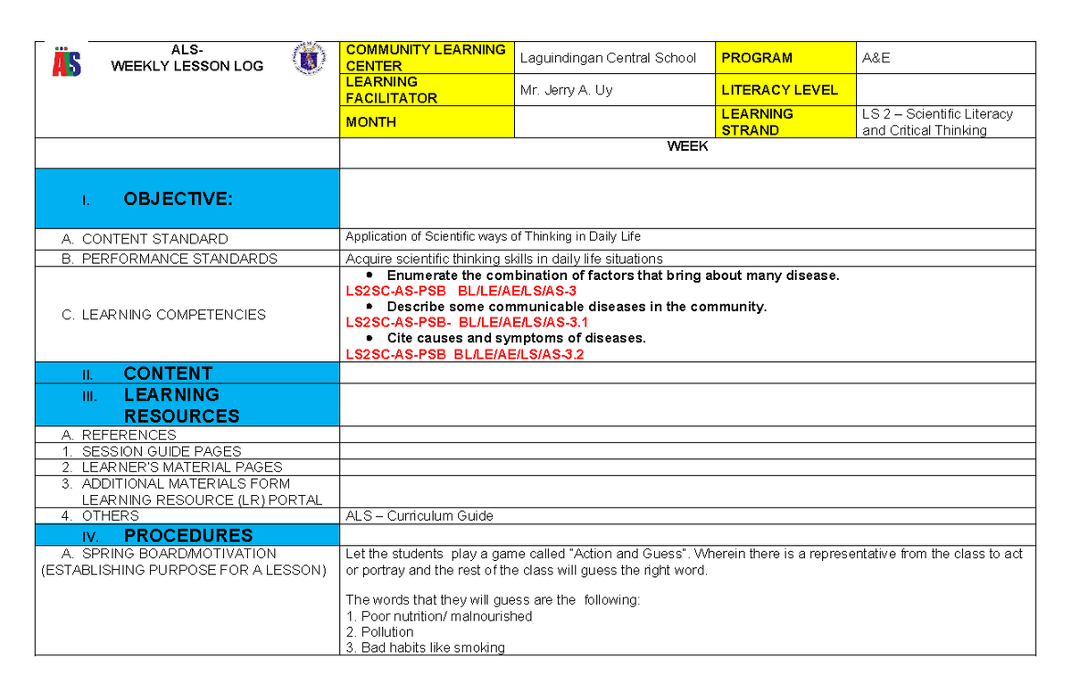 ALSL 2 Weekly Lesson Log: Understanding Communicable Diseases - Studocu