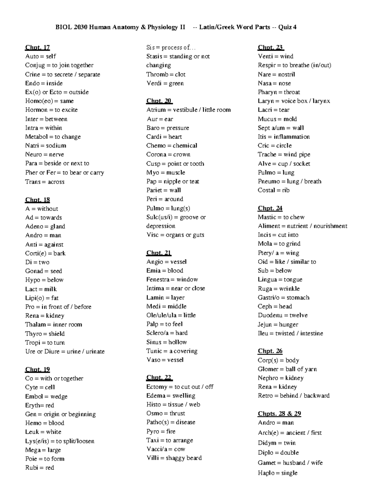 BIOL 2030 Human Anatomy & Physiology II Latin Word Parts Quiz 4 - Studocu