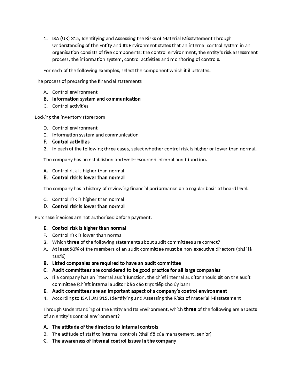 Testbank Chapter 5: ISA (UK) 315 Internal Control Systems and Risk ...