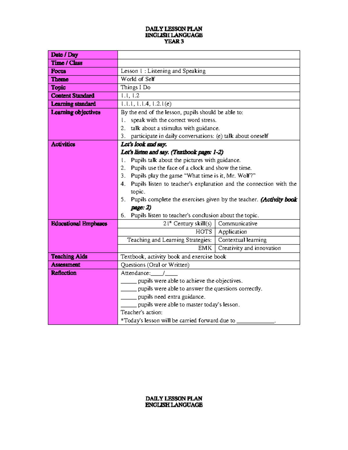 DAILY LESSON PLAN: ENGLISH LANGUAGE YEAR 3 - "Things I Do" Activities ...