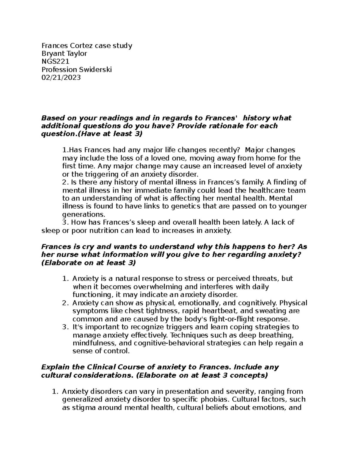 Frances Cortez Case Study on Anxiety Disorders and Nursing Insights ...