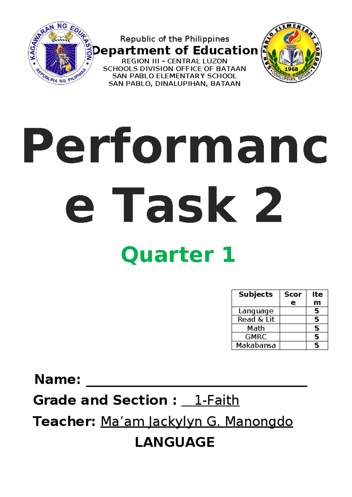 Ptask-2: Performance Task for Grade 1 - Language & Literacy - Studocu