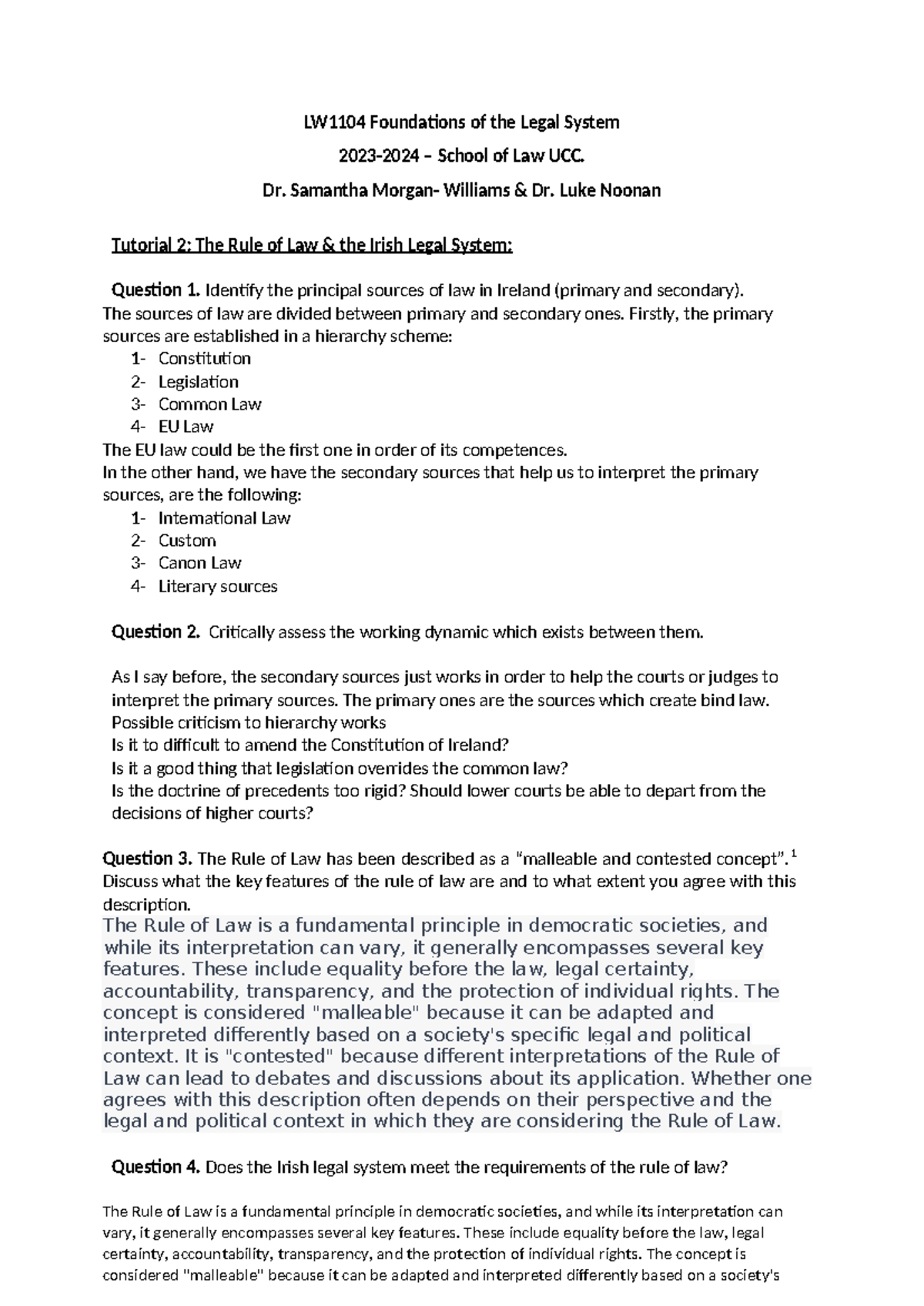 Tutorial 2. Rule of Law 2023 - LW1104 Foundations of the Legal System ...