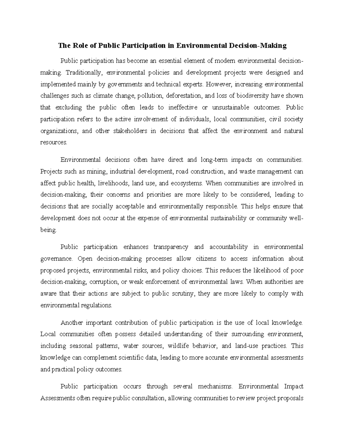 The Role of Public Participation in Environmental Decision-Making - Studocu