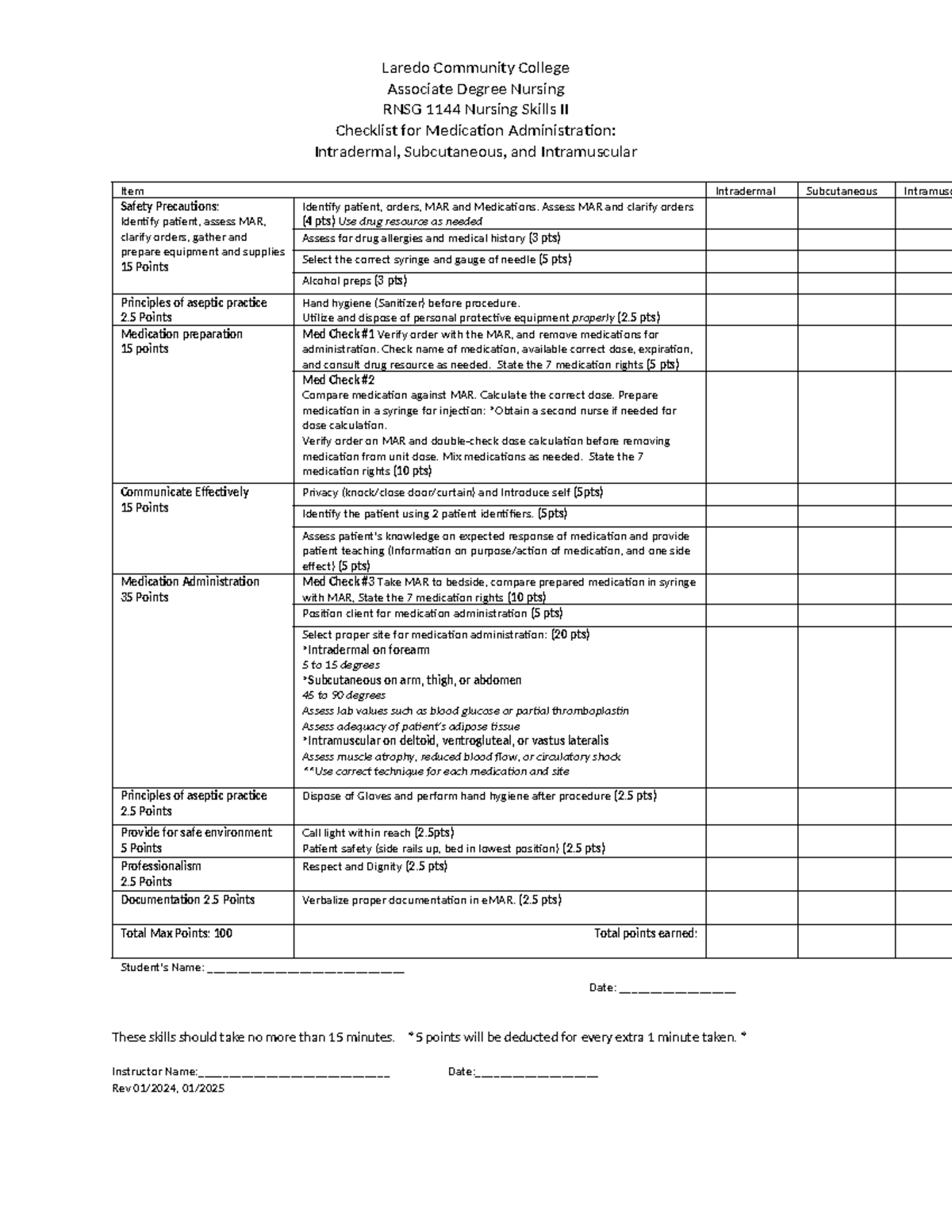 Skills Checklist for Medication Administration (RNSG 1144) 2025 - Studocu
