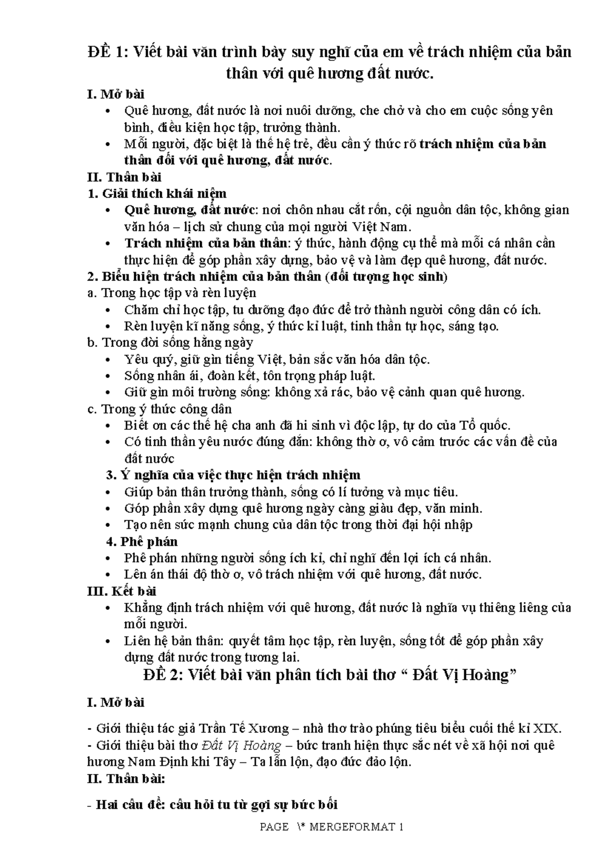 ĐỀ 1: Suy Nghĩ Về Trách Nhiệm Với Quê Hương Đất Nước - Studocu