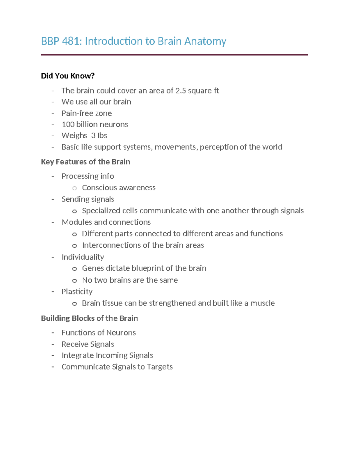 BBP 481: Key Concepts in Brain Anatomy and Function - Studocu