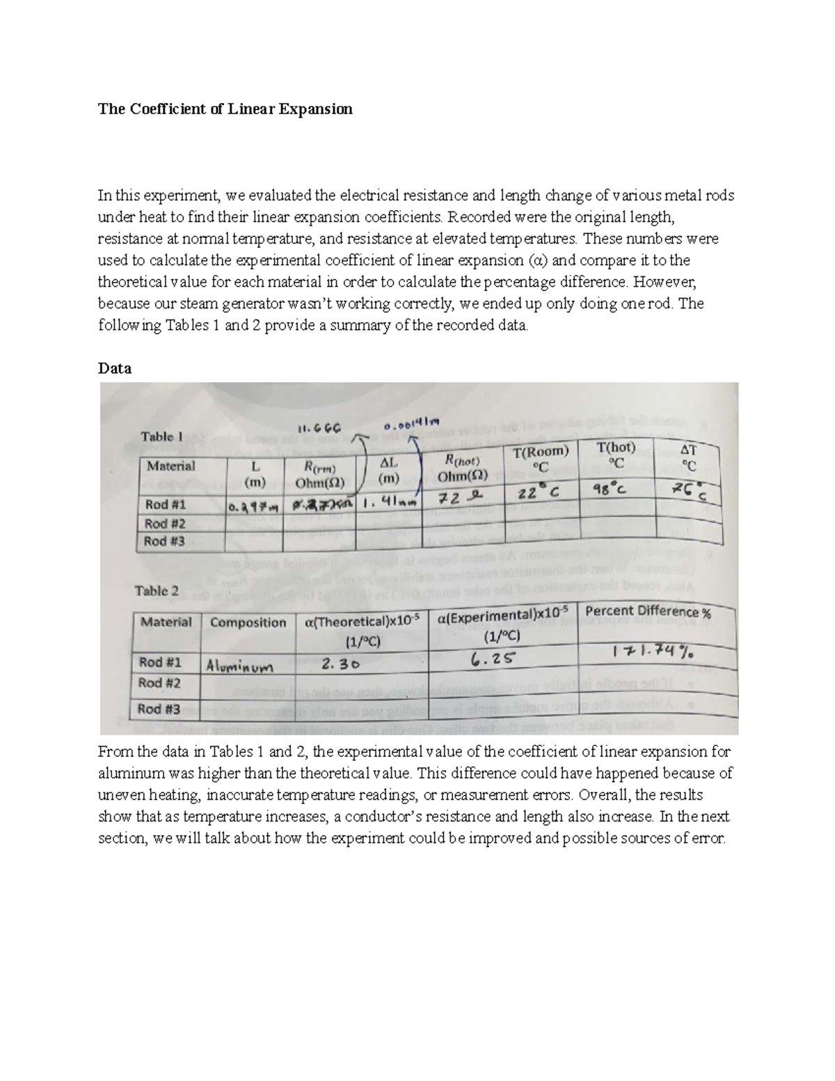 Lab Report 5: Coefficient of Linear Expansion Experiment Analysis - Studocu